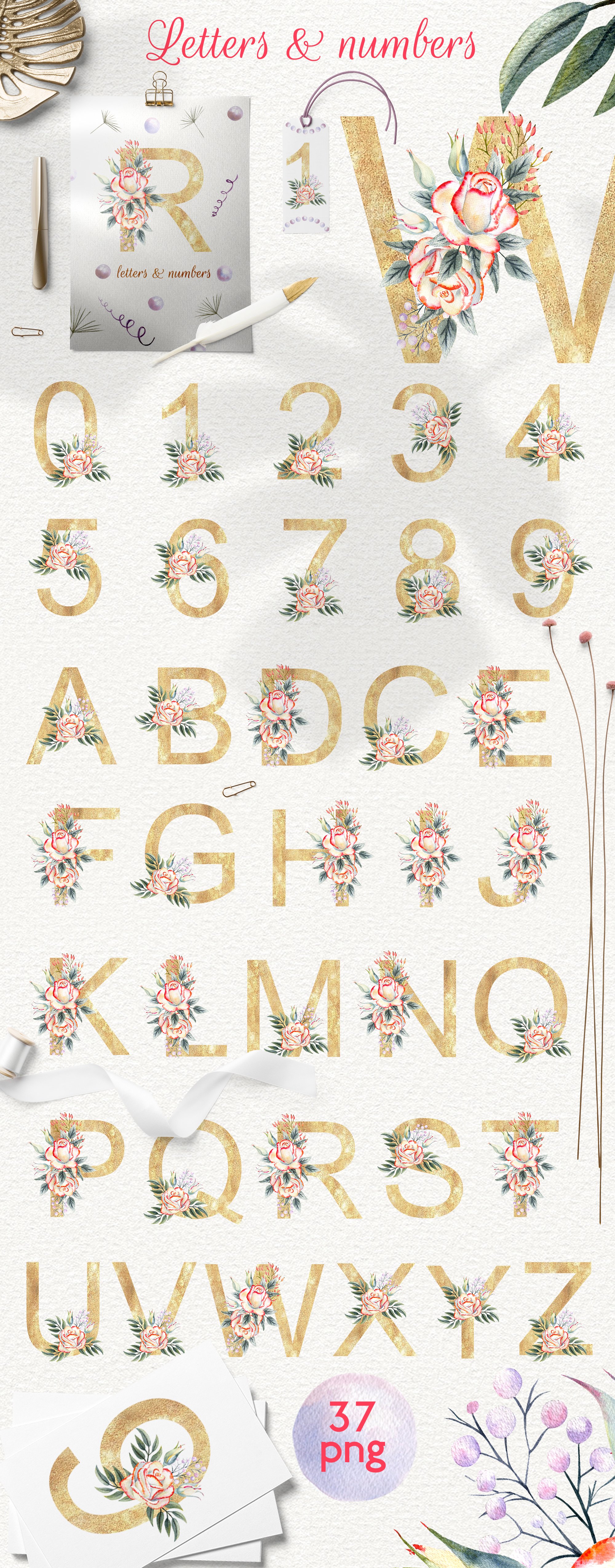 Alphabet and Numbers Watercolor Flowers roses