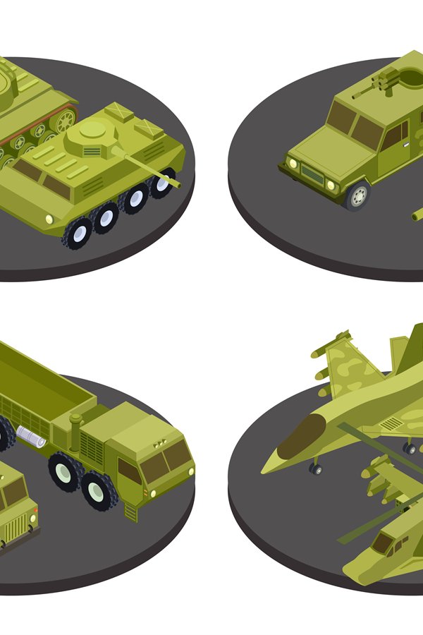 Military vehicles isometric icon set with tanks transport mi