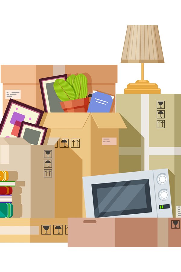 Moving boxes. Carton box packing family stuff. Cardboard par