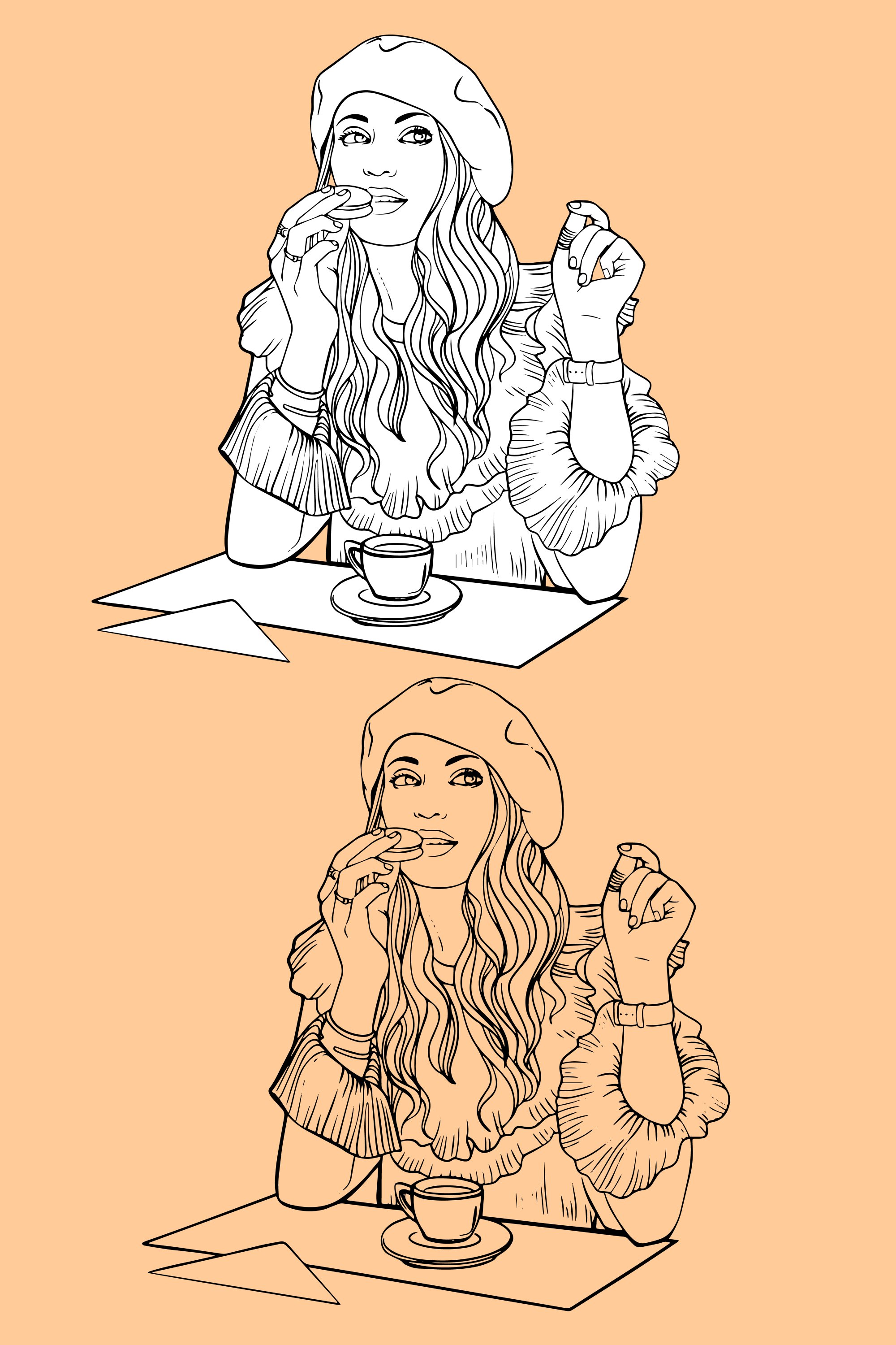Girl Drinking Coffee Coloring Pages KDP Line Art Vector SVG
