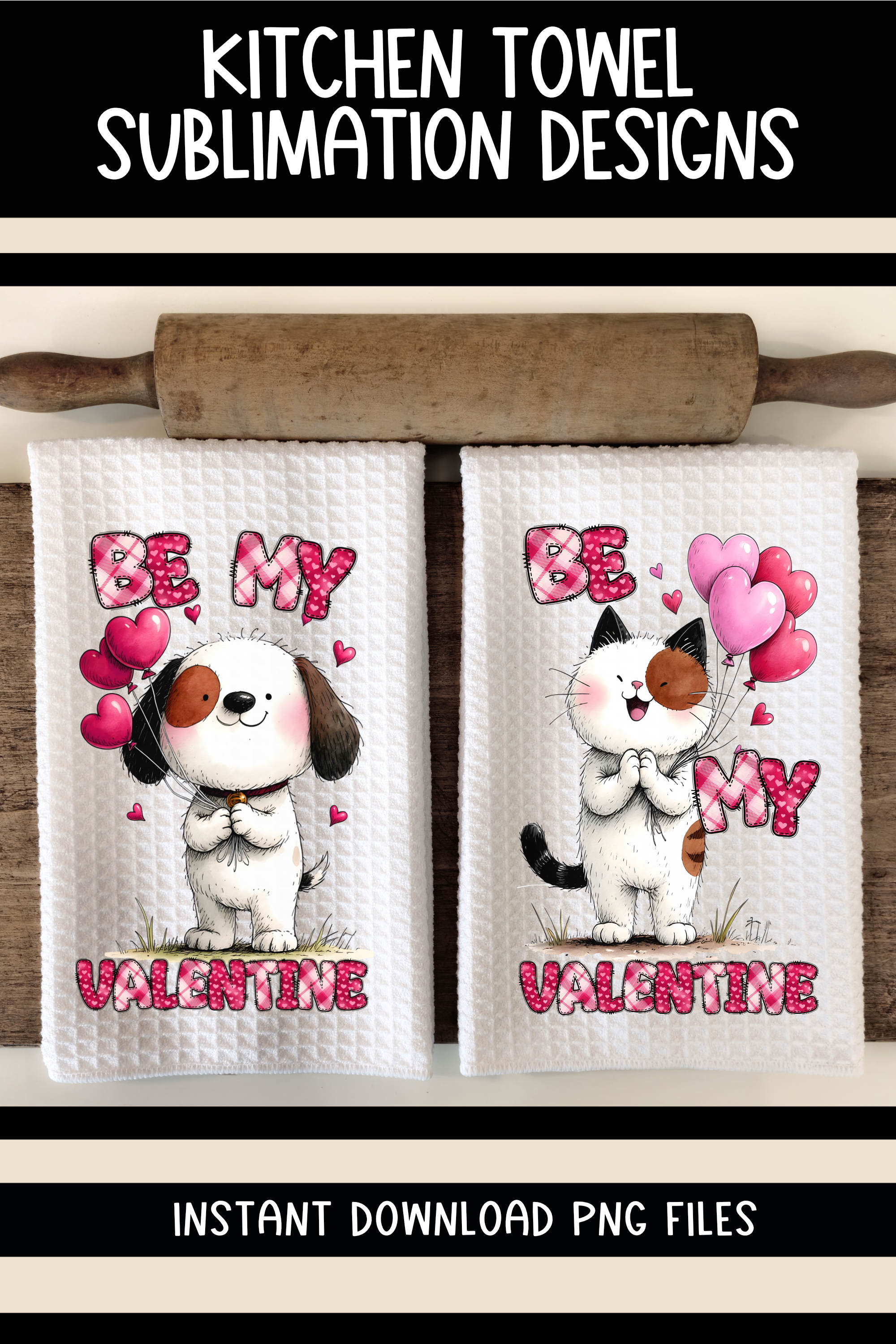 Dog and Cat Valentine Sublimation Kitchen Towel PNG Designs