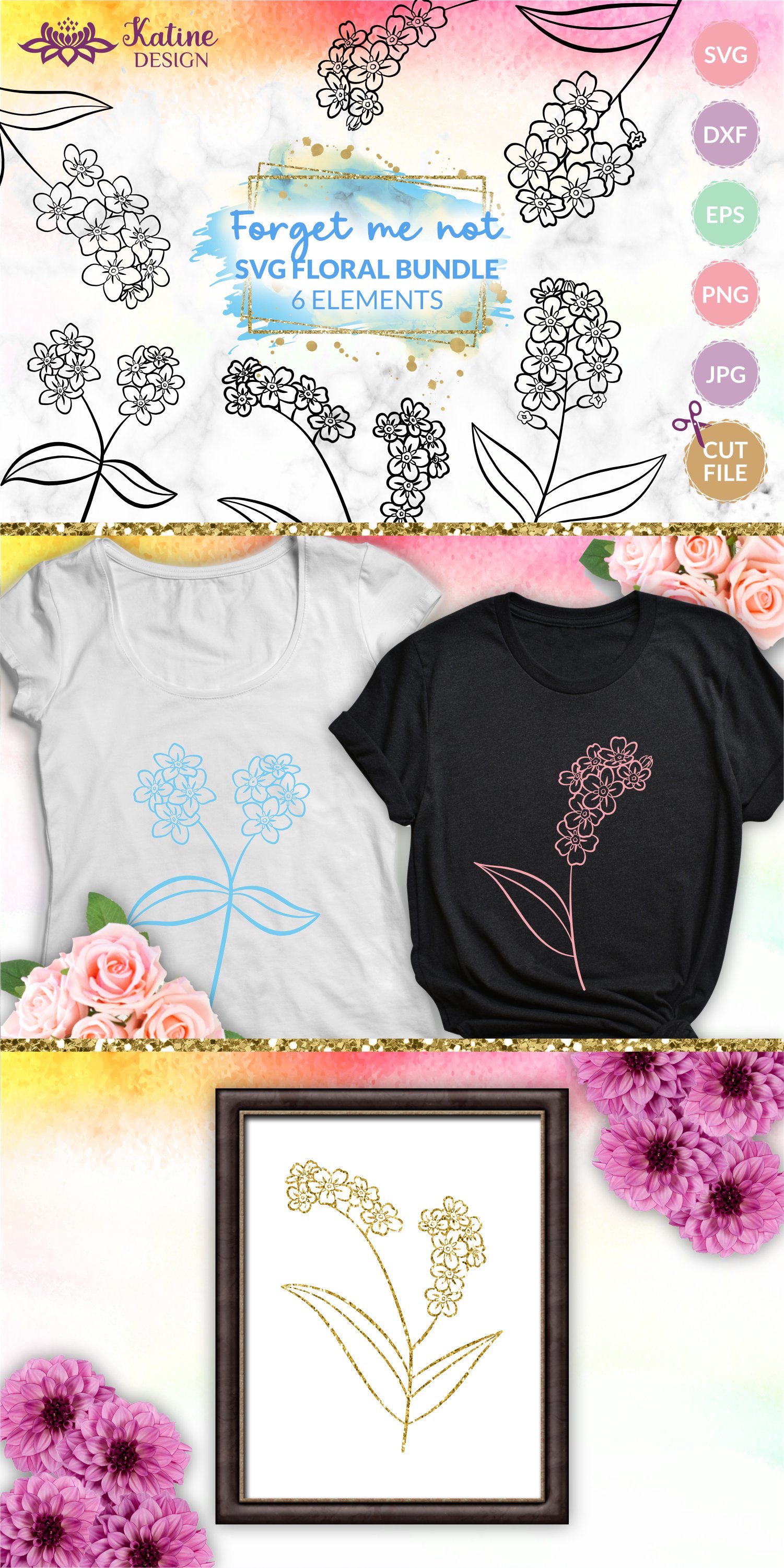 Forget Me Not Svg Hand Drawn Flowers Outline Bundle