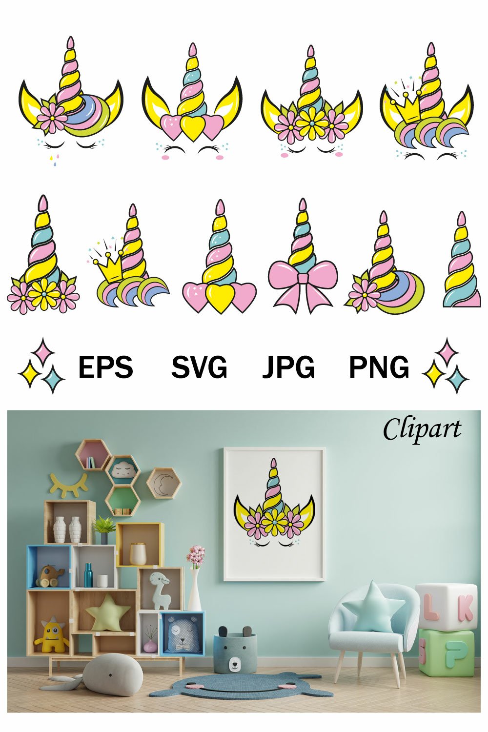 Unicorn Head bundle, Unicorn horn svg clipart, (2521472)
