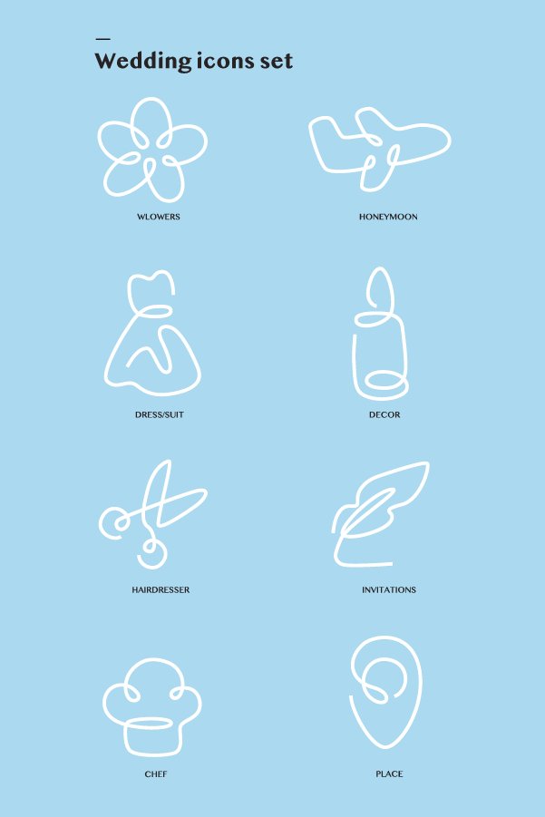 One line wedding icons set