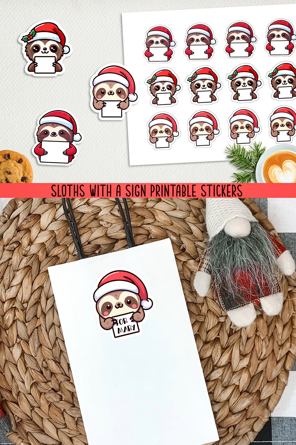 Sloths with a sign printable stickers. PNG.