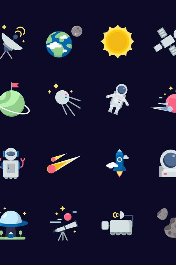 Space icons. Earth moon with sun and satellites asteroid vie