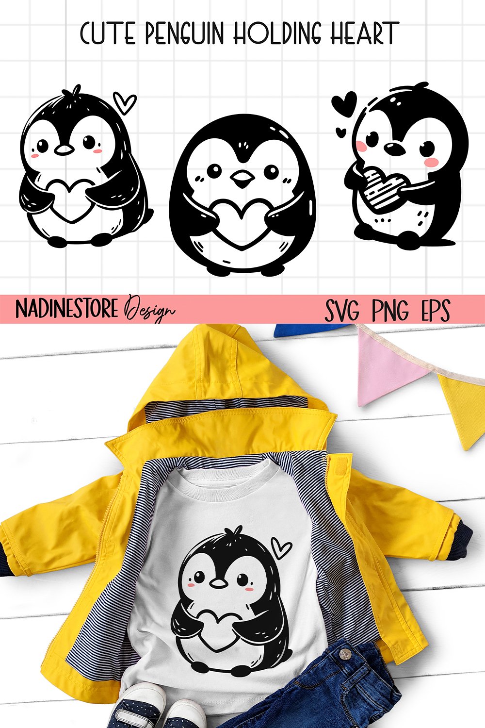 Cute penguin holding heart. SVG, PNG, EPS. Cut file.
