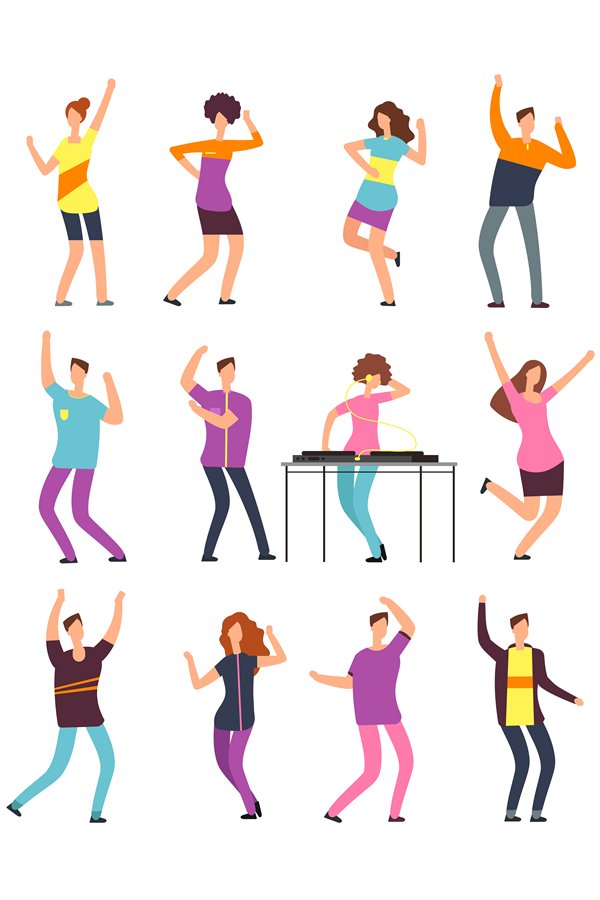 Happy young people dancing. Man and woman cartoon dancers is