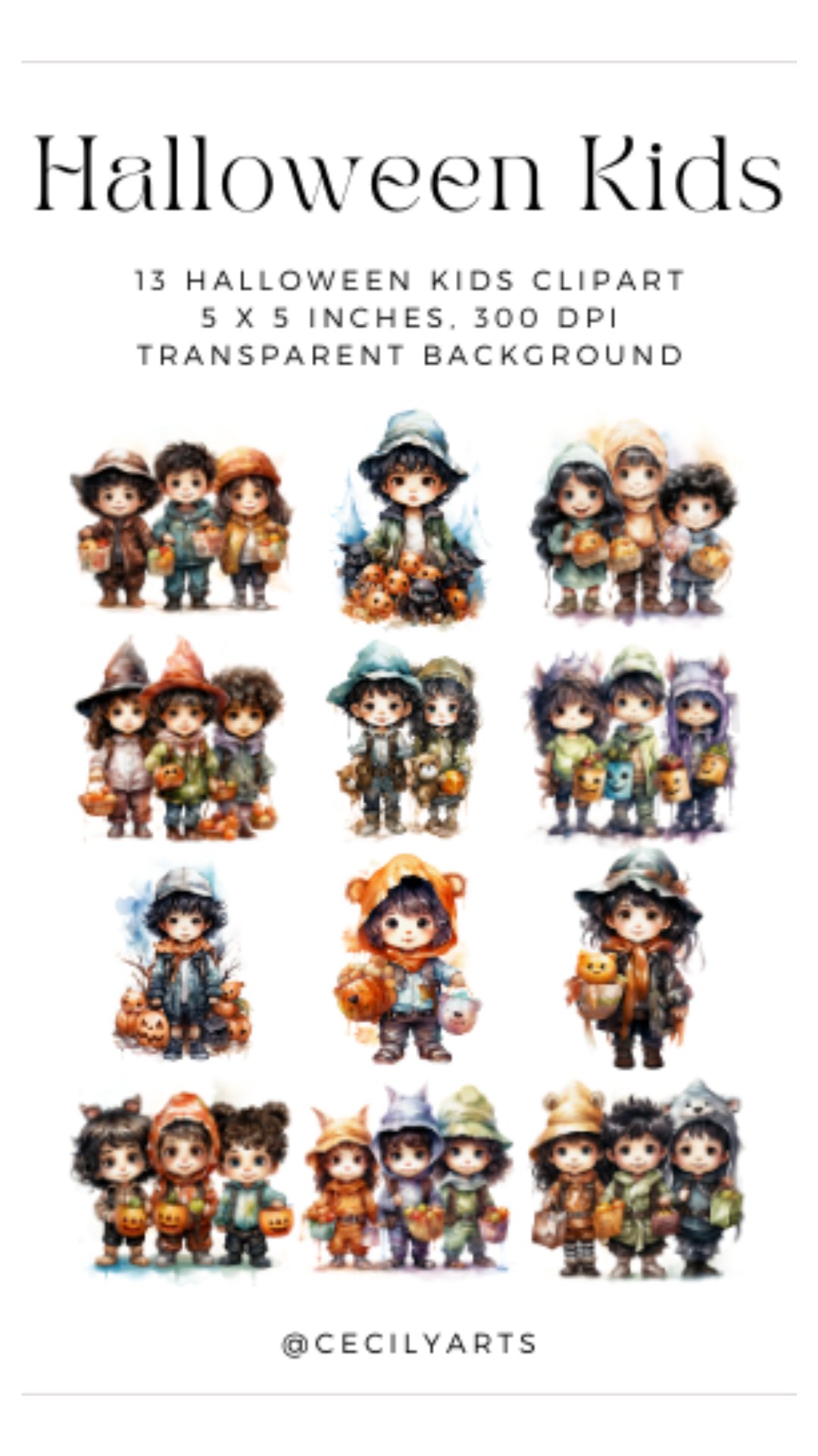 13 Watercolor Halloween Kids Clipart