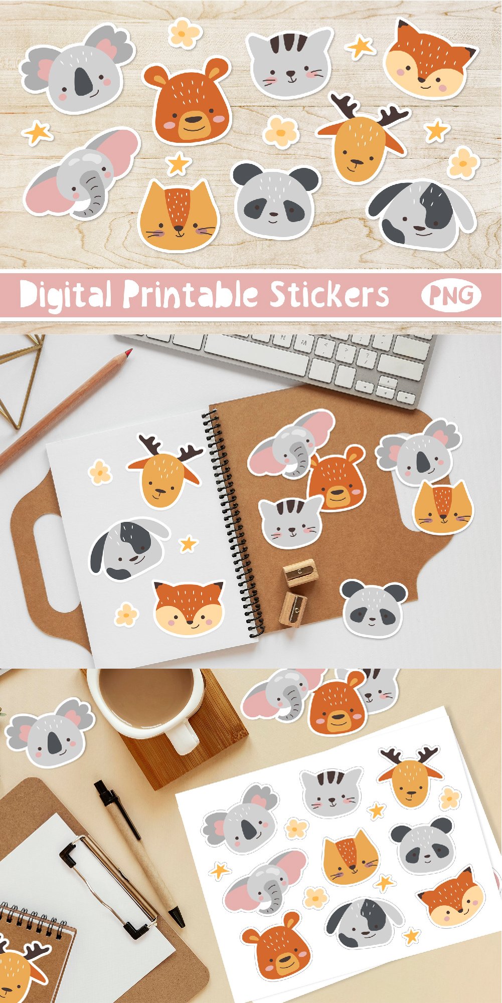Cute animal face PNG stickers