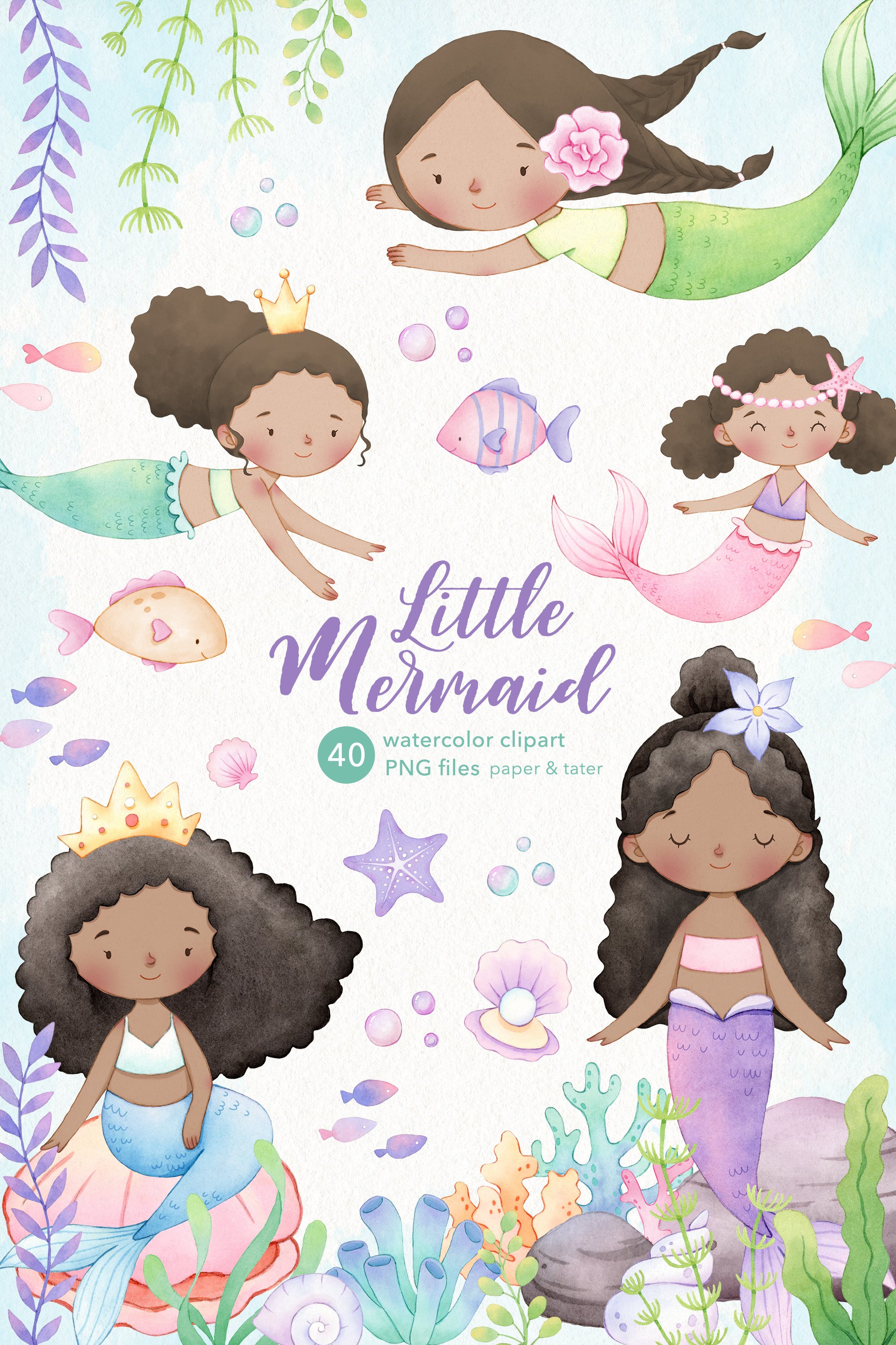 Cute Mermaids Watercolor Clipart, Mermaid PNG