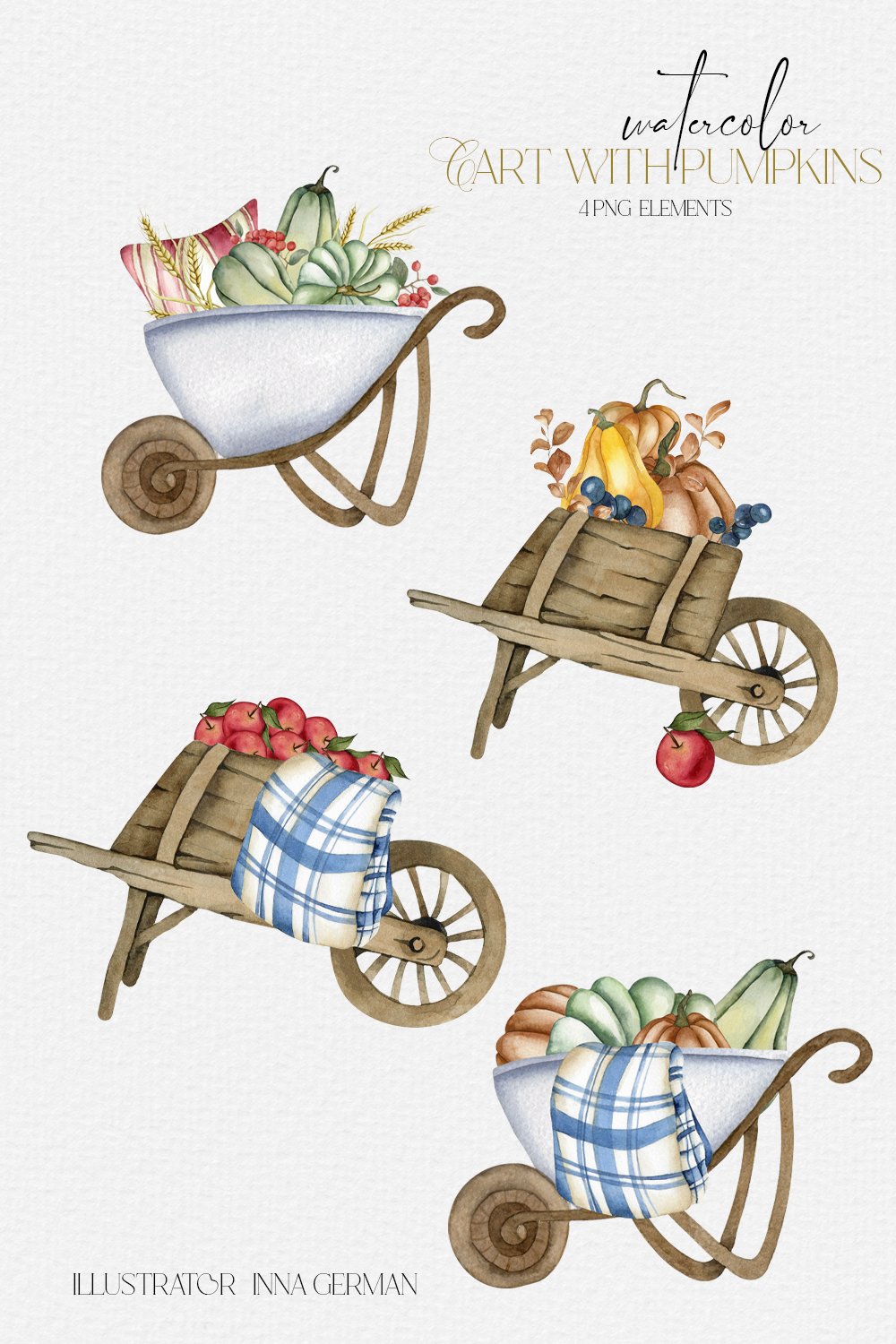 Watercolor fall cart with pumpkins clipart