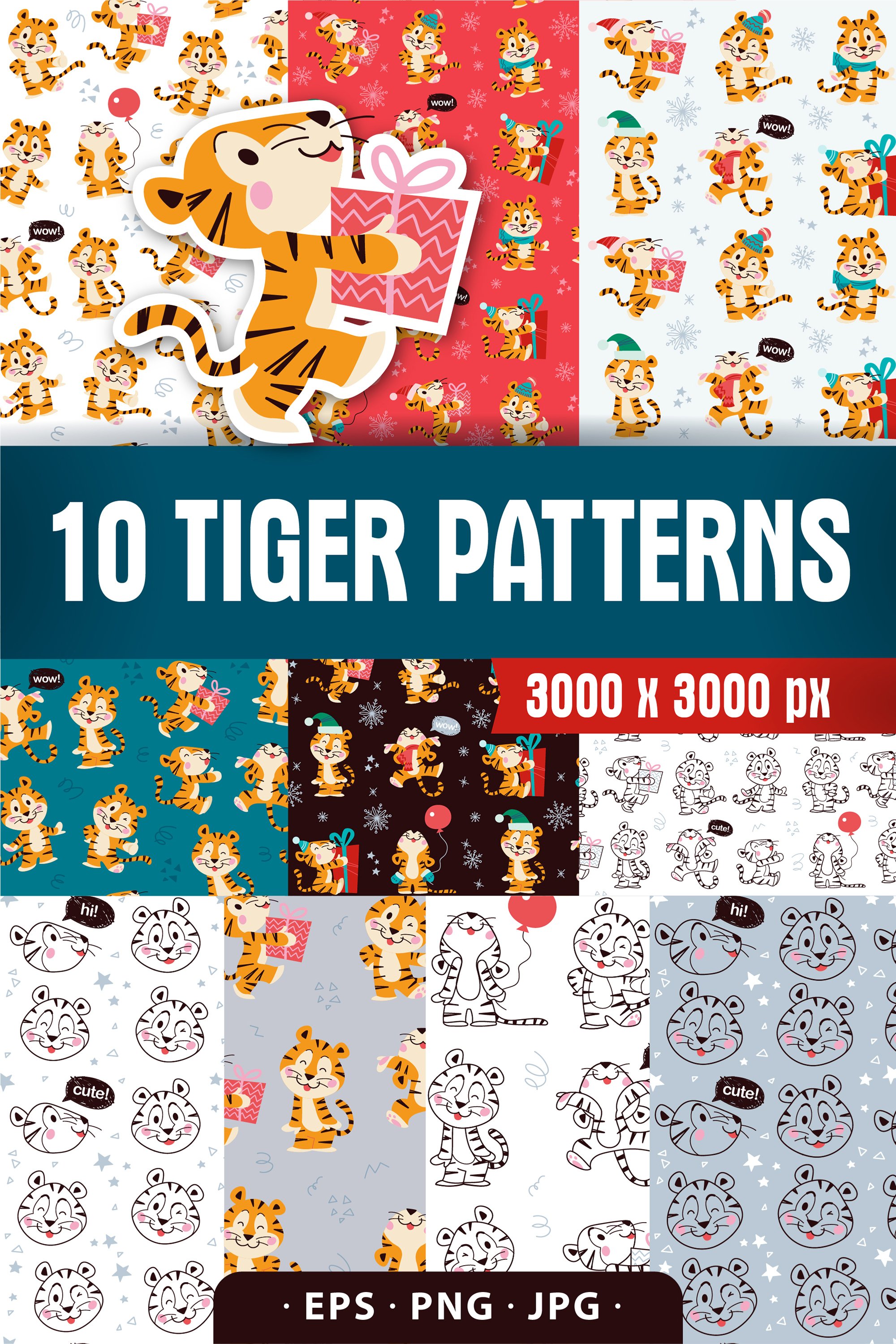 Seamless patterns with cute tigers, EPS + PNG