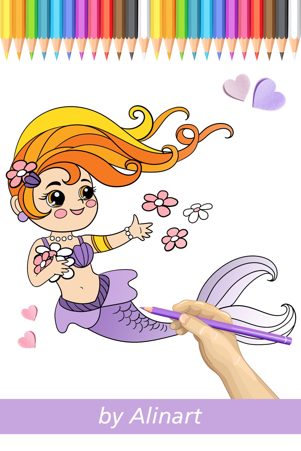 Cute mermaid with flowers coloring page for kids