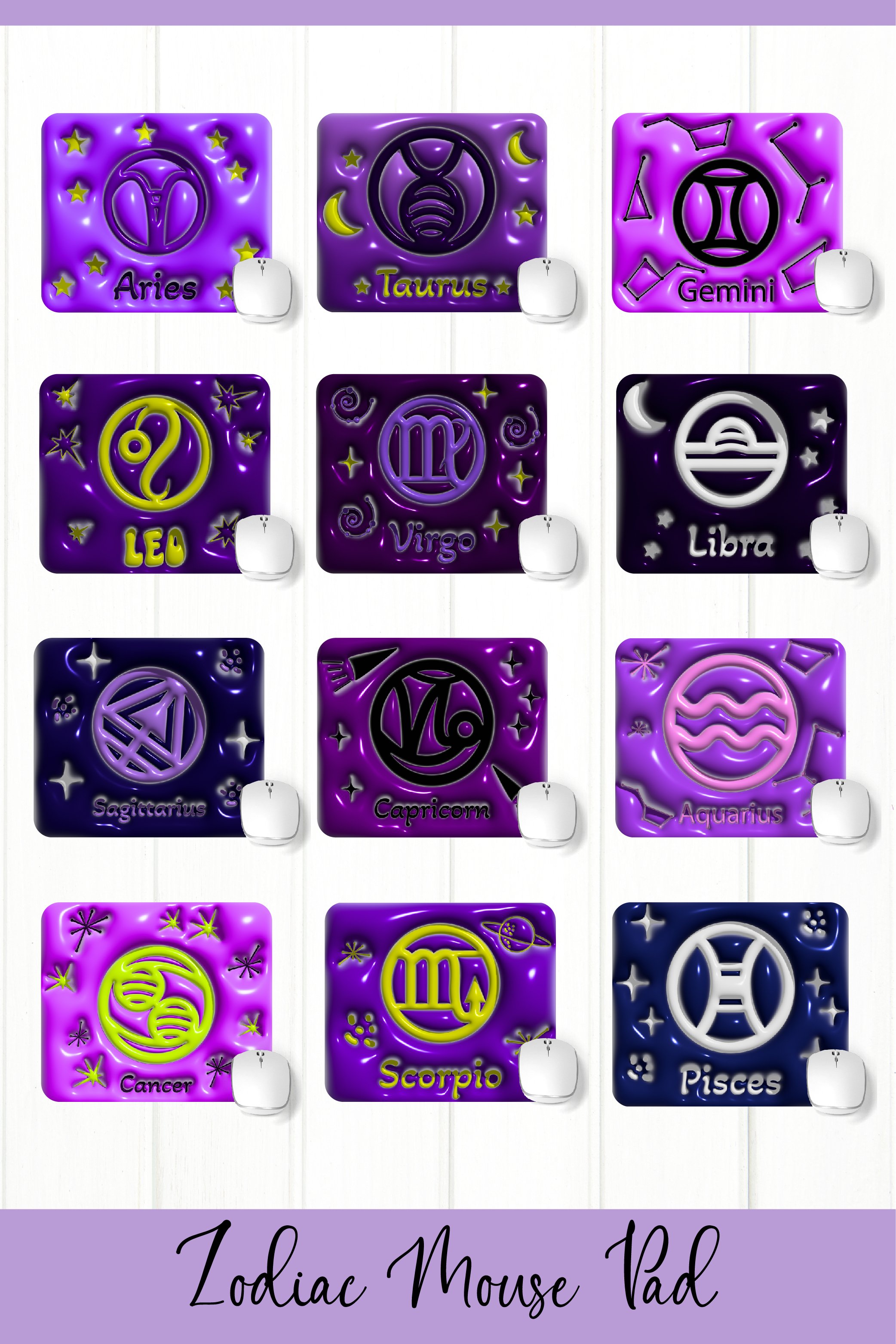 Zodiac Mouse Pad PNG Bundle. 3D Inflated Puff Zodiac PNG.