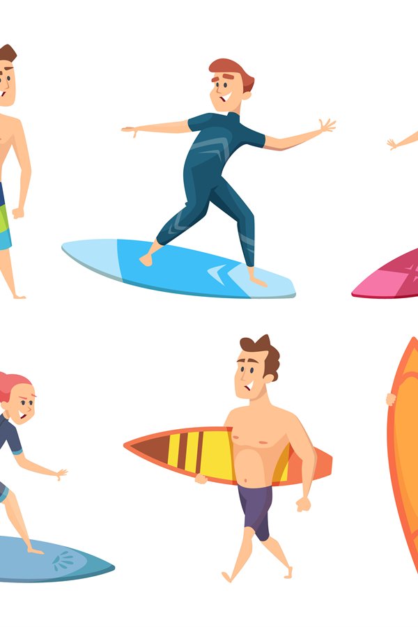 Surf characters. Vector design of summer mascots