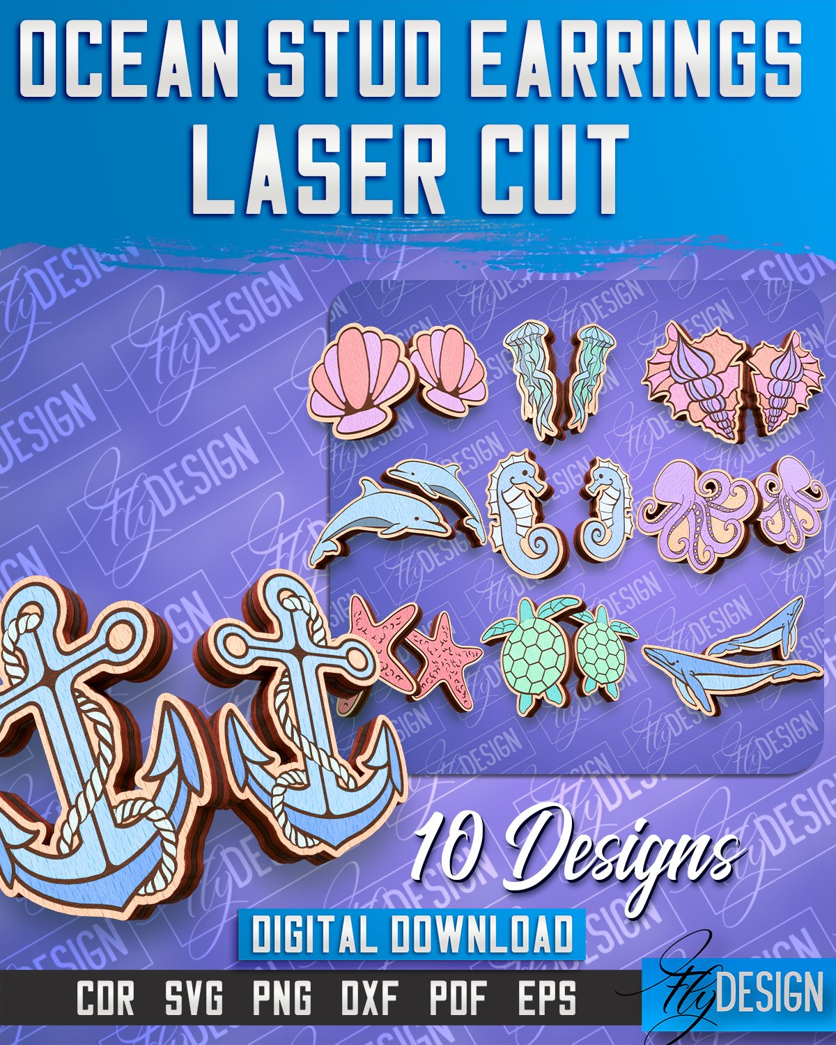 Ocean Stud Earrings Laser Cut|Sea Stud Earrings|Glowforge