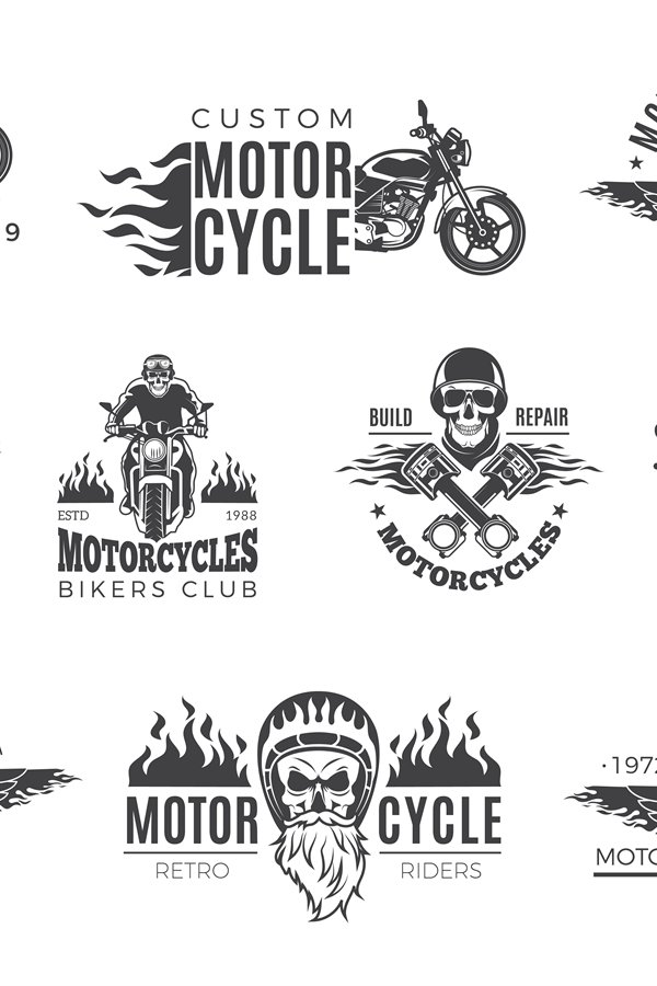 Motorcycle labels. Biker badges with speed symbols engine mo