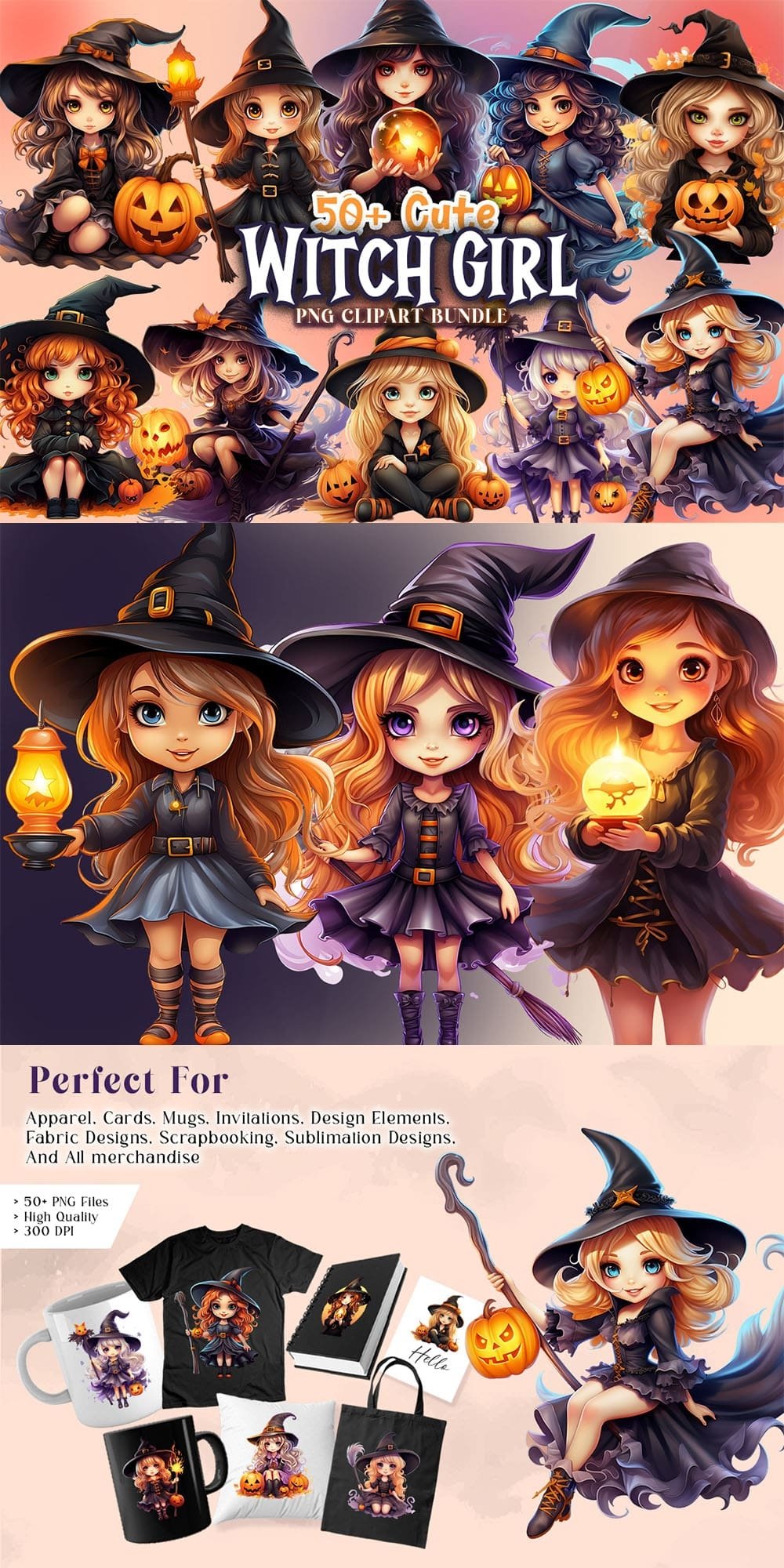 Cute Halloween Witch Girl PNG Clipart Bundle