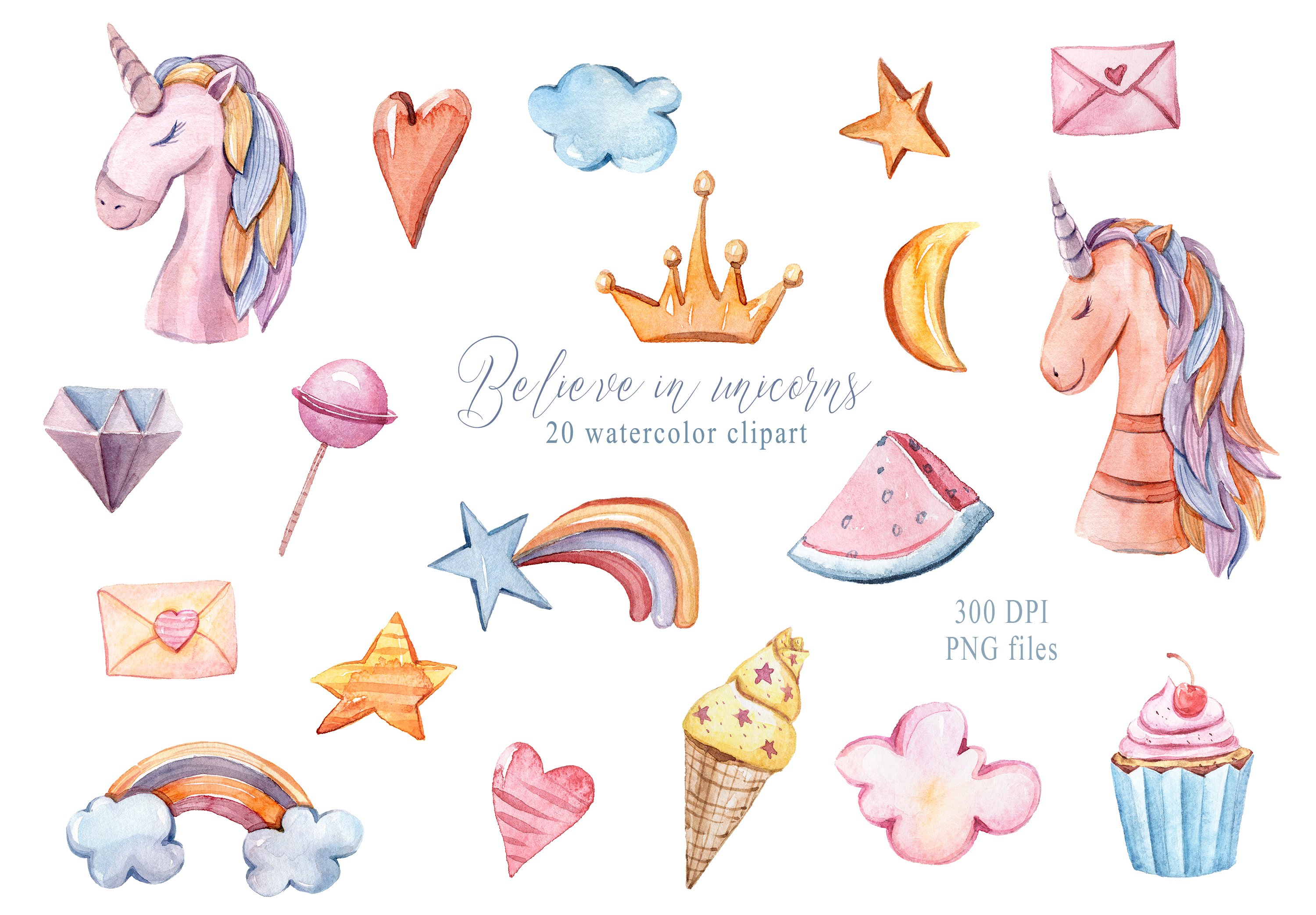 Watercolor cute unicorns clipart. Rainbow, moon phase, star