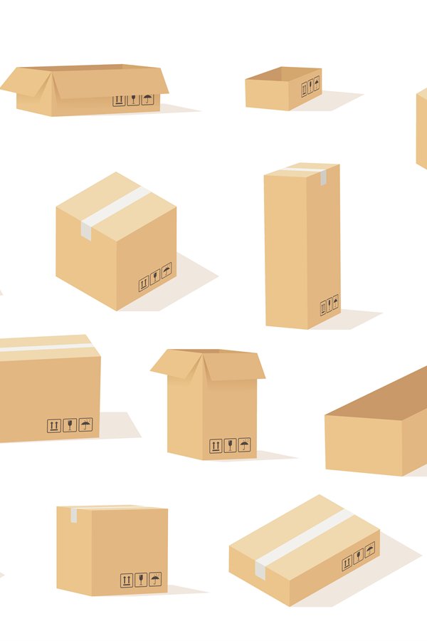 Cardboard box. Boxes open and closed different size, front v