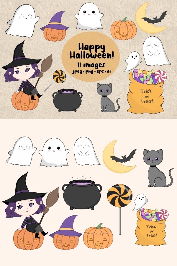 Halloween illustrations set, cute halloween clipart