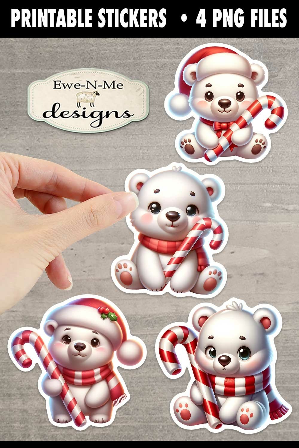 Polar Bears Candy Canes Printable Stickers | 4 PNG Stickers