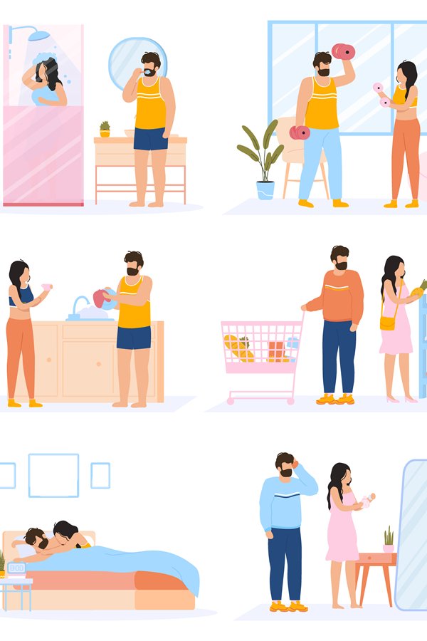 Couple everyday routine. Daily leisure and work activities o