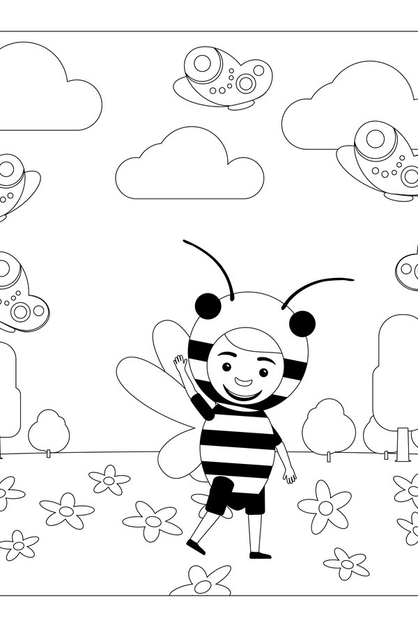 Kid in bee dress coloring page