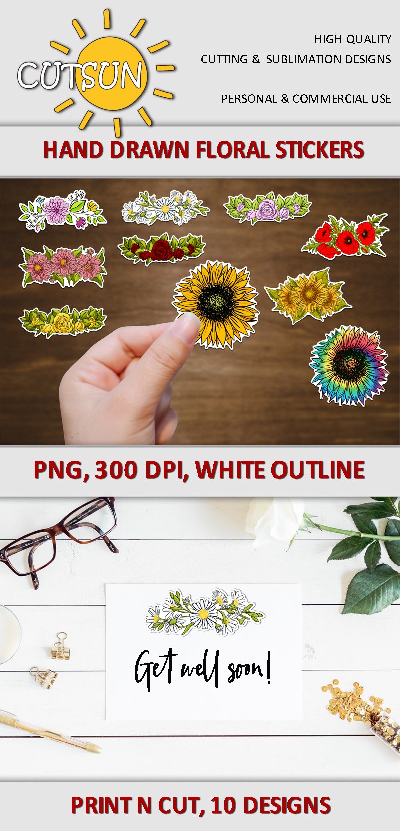 Printable Flower Stickers bundle - 10 designs