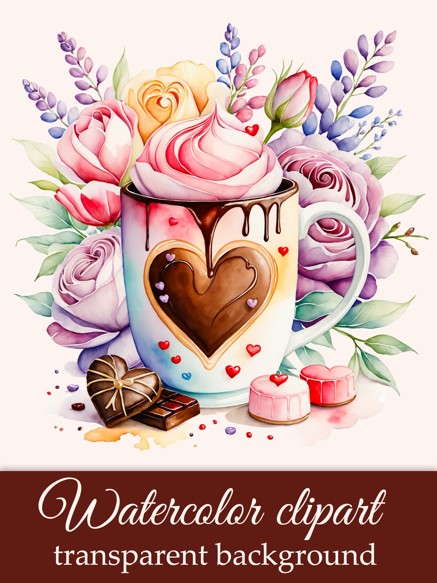 Watercolor coffee cup with hearts and chocolate, clipart Png
