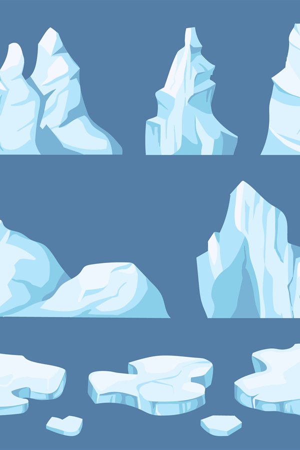 Cartoon arctic ice. Icebergs, blue floes and ice crystals. I