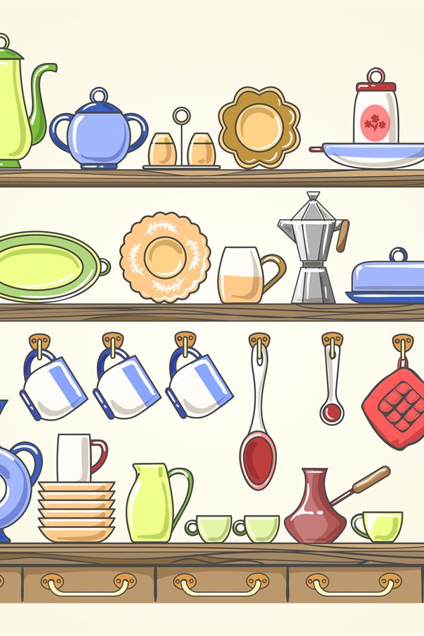 Cooking shelf with vintage dishes