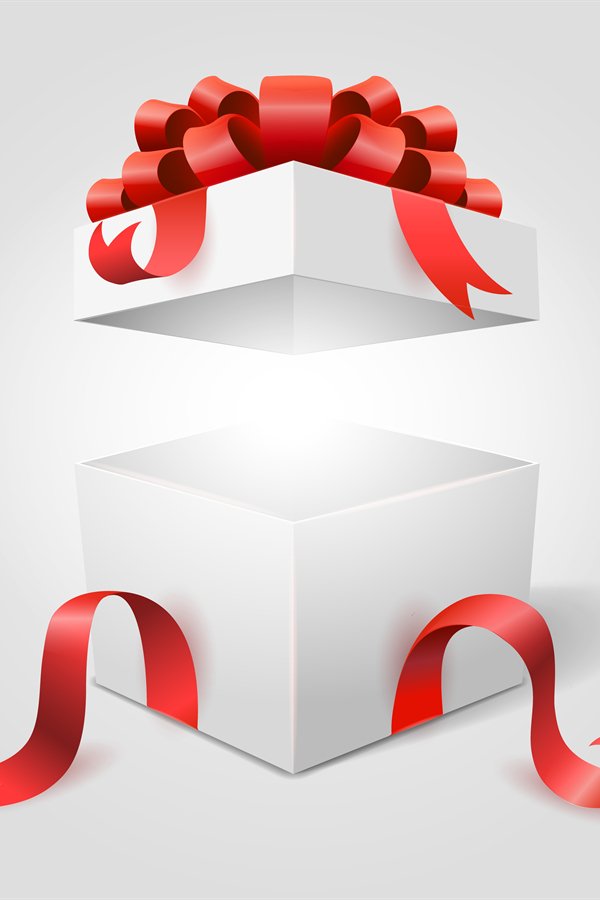 Open gift box with red ribbon