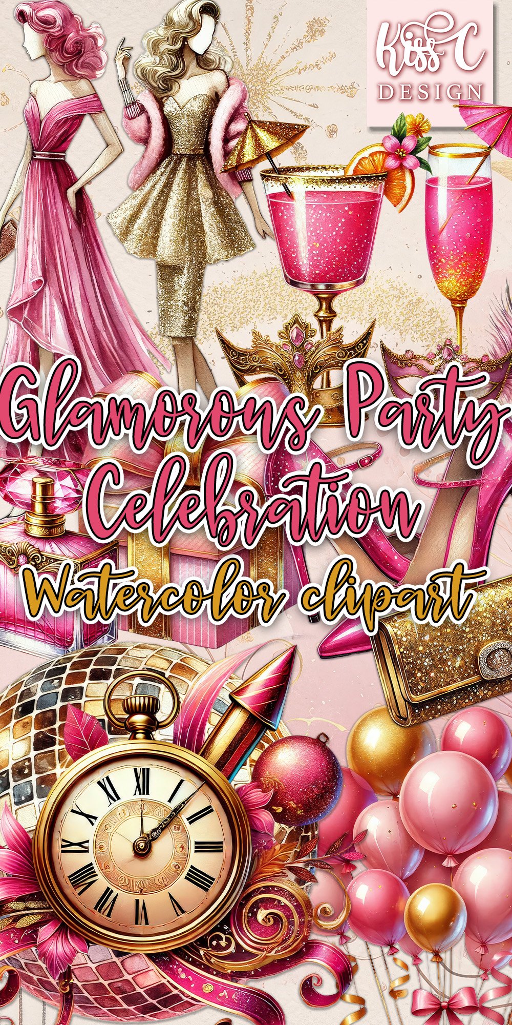 Party Celebration Clipart Bundle. 12 Pink & Gold Designs