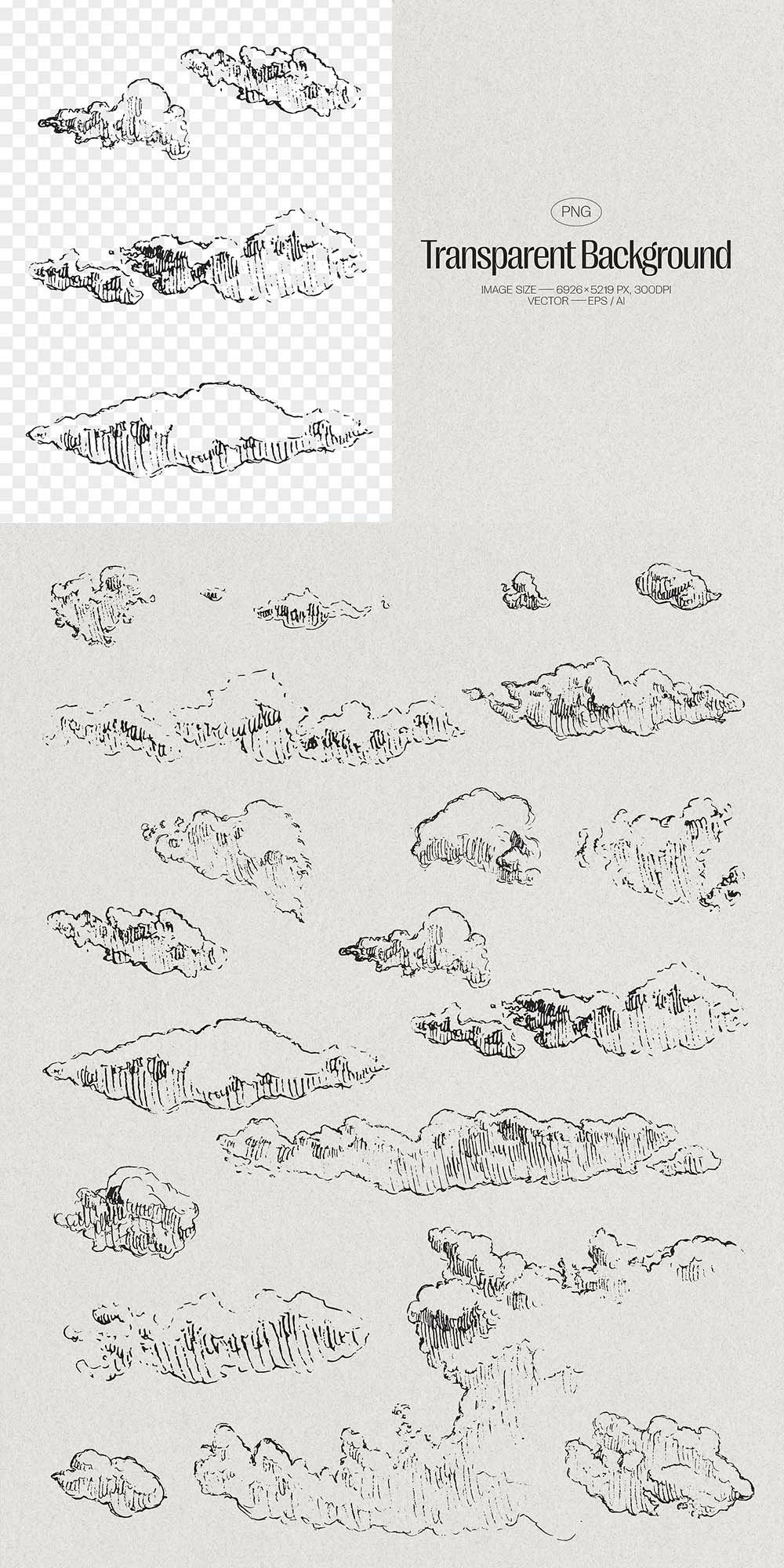 Hand drawn pencil illustrations of clouds