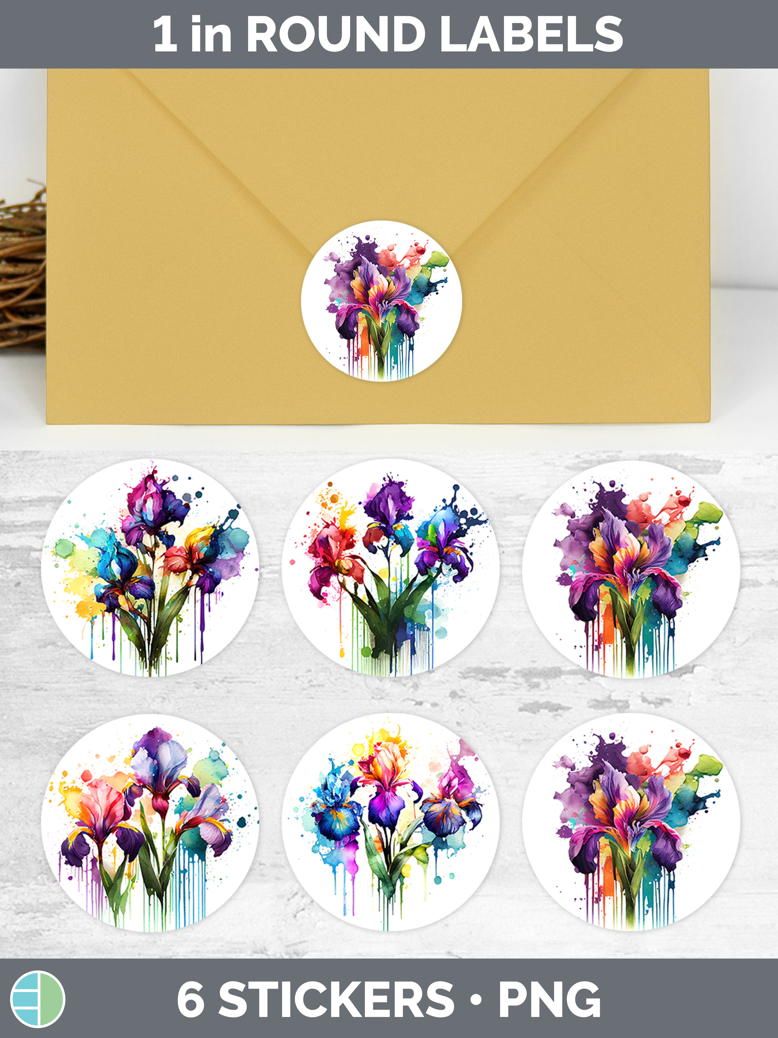 Rainbow Iris Flowers Stickers | Round Labels Designs Bundle
