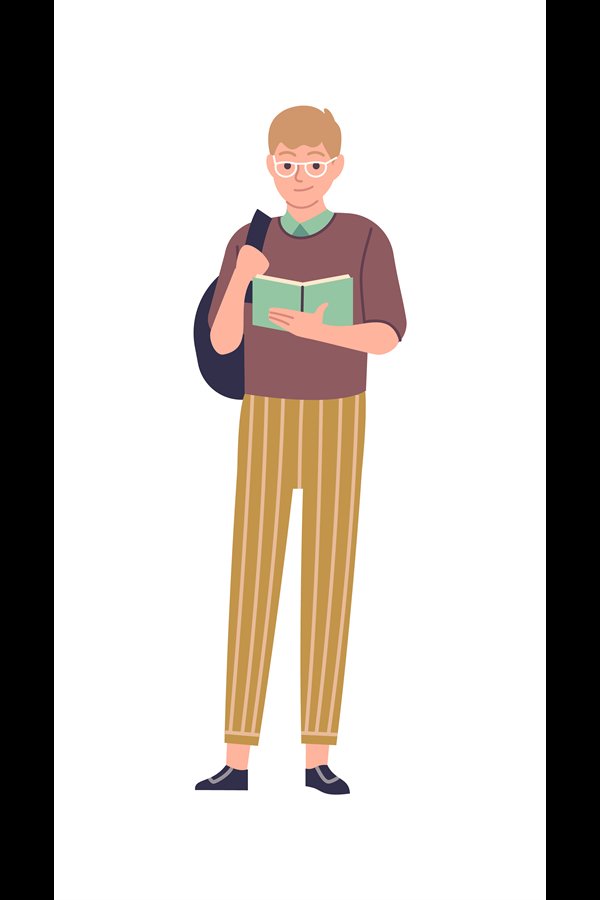 Smart man with book. Male character in glasses with backpack