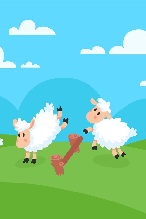 Counting jumping sheeps for goodnight sleep. Sheep jump over