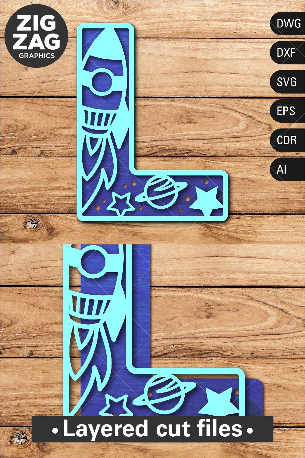 layered kids letter L with space rocket astronaut and stars
