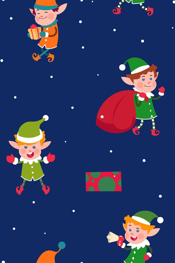 Santa elves print. Christmas elf, cute cartoon holiday kids