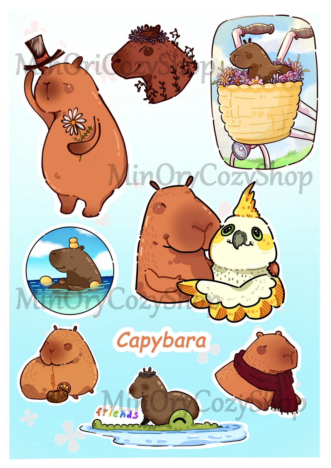 Spring sticker pack with Capybara. Good mood