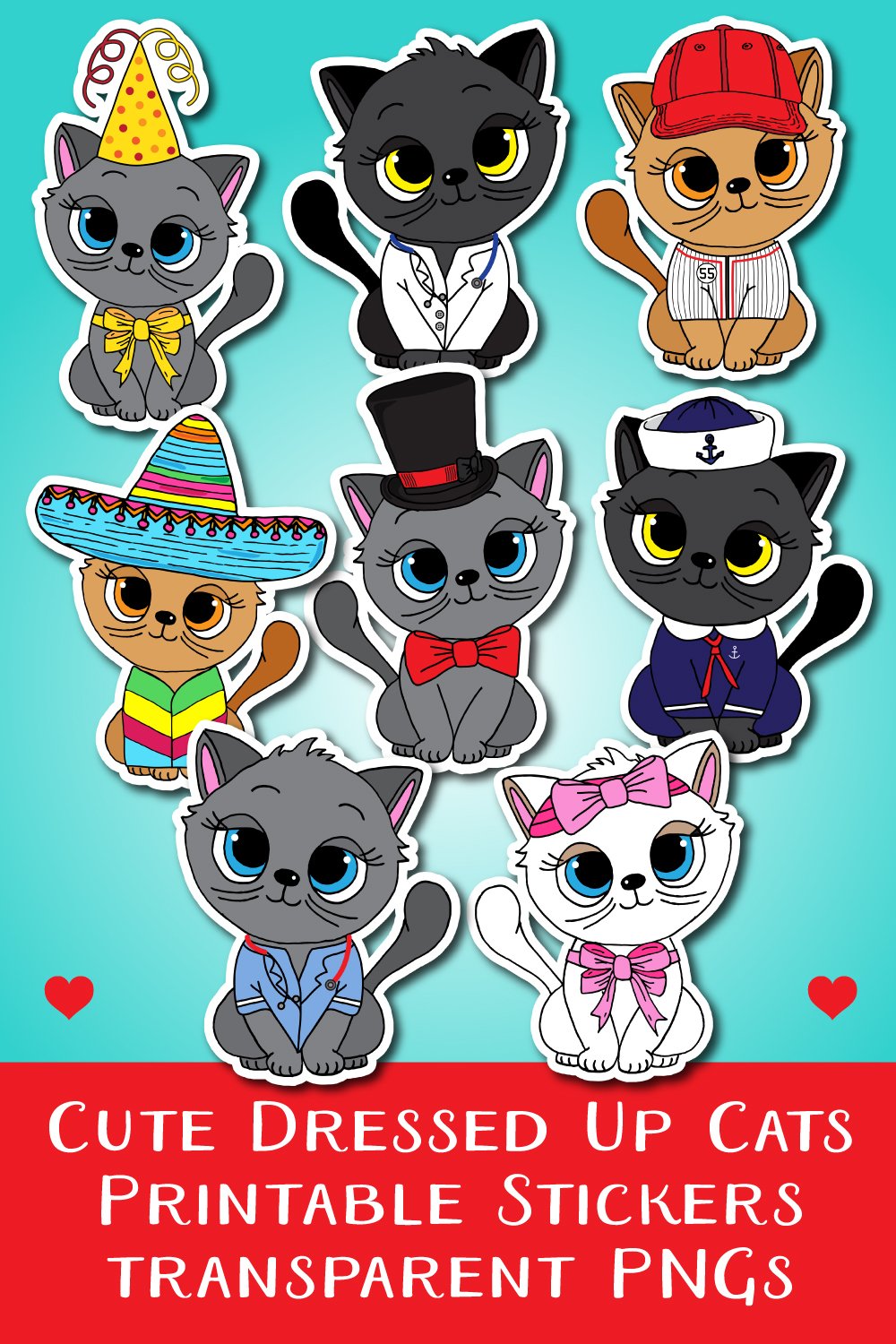 Cute Cat Stickers | Dressed up Cats Printable Stickers PNG