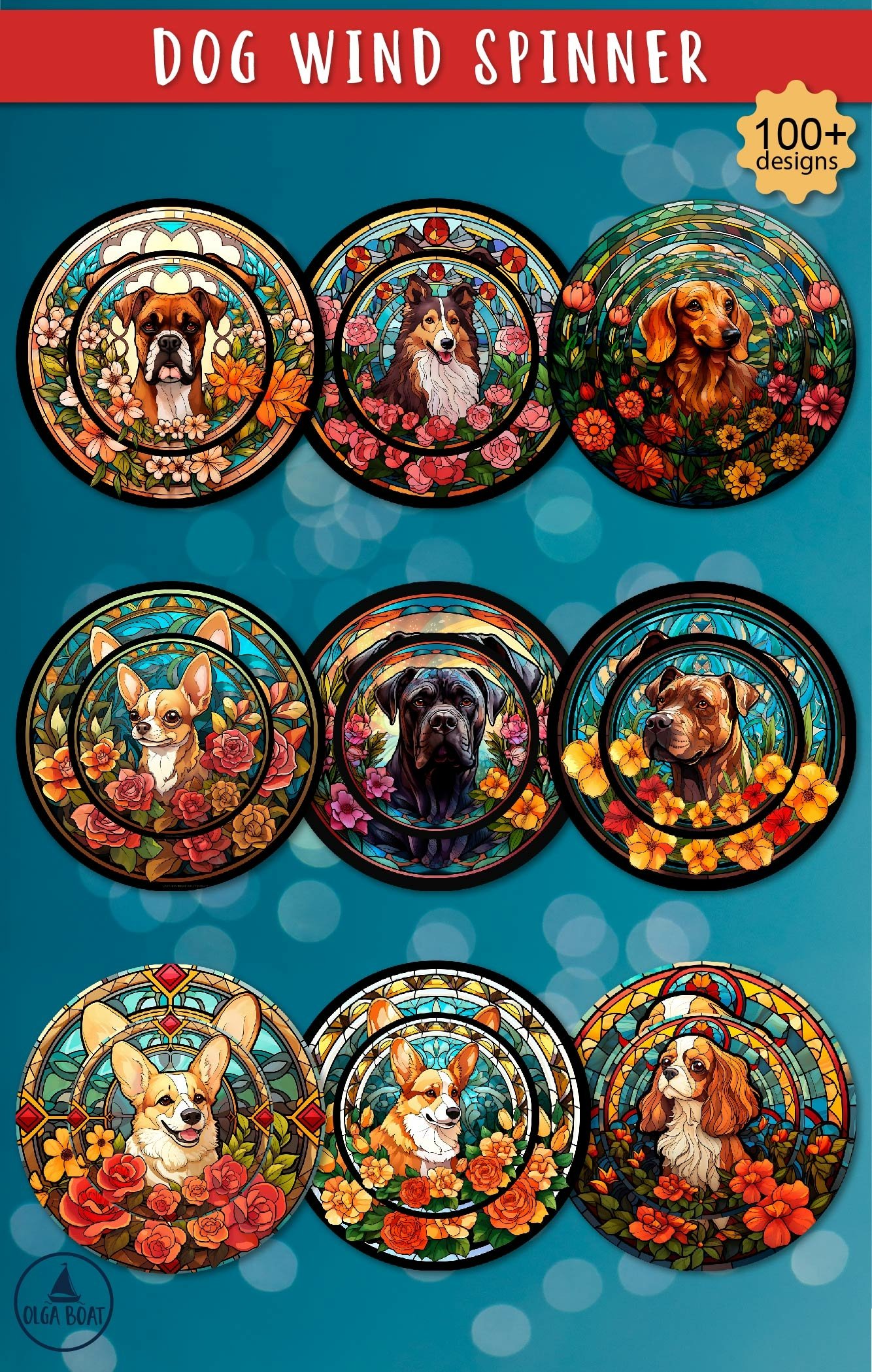 Dog wind spinner | Stained glass dog round designs