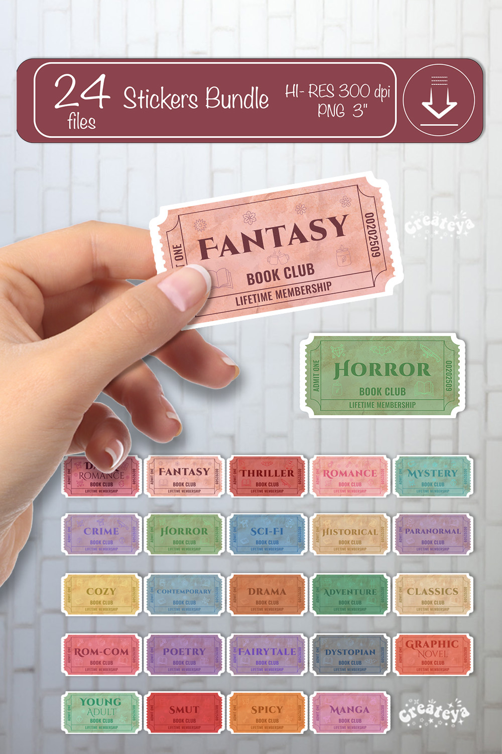 Book Club Ticket printable Sticker Bundle Reading Genre png