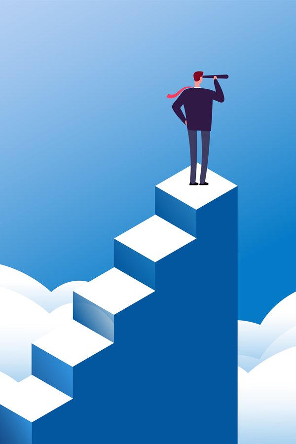 Business vision concept. Visionary man looks in telescope at