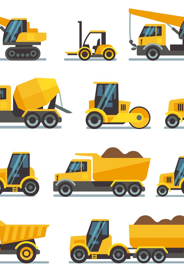 Industrial construction equipment and machinery flat vector