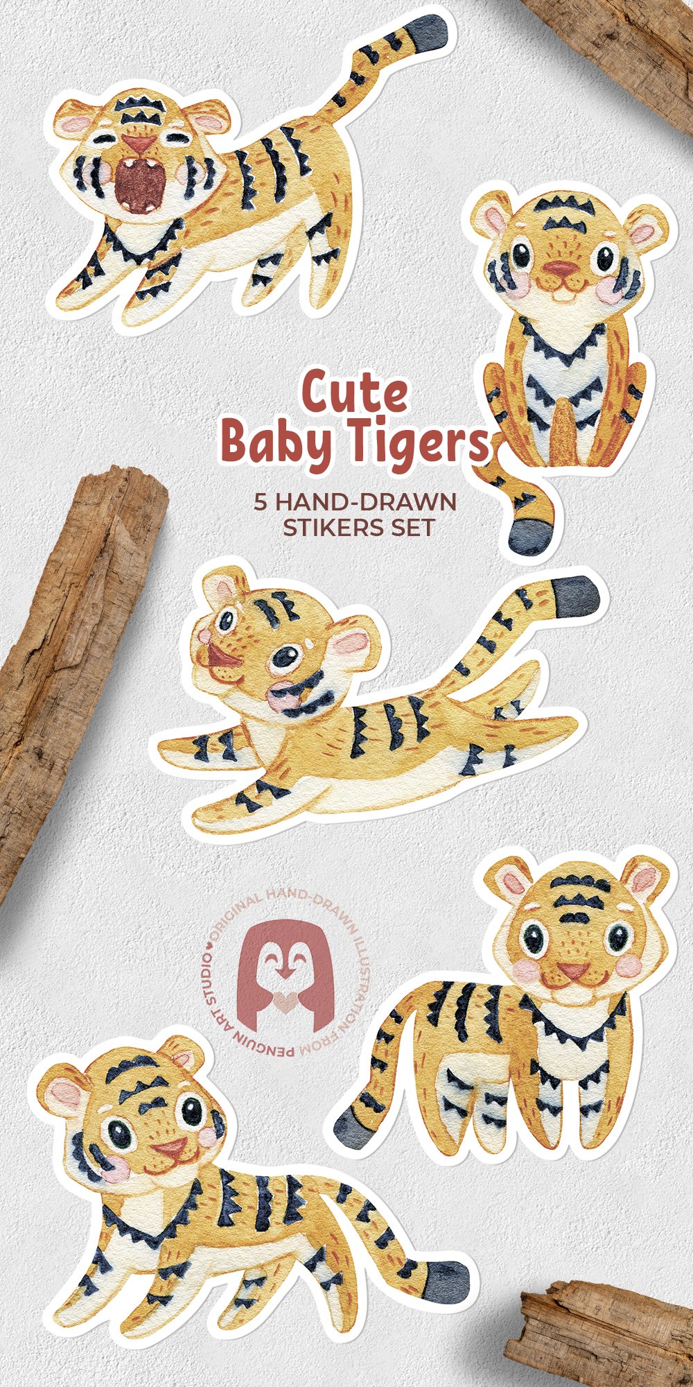 Cute baby tigers watercolor stickers set