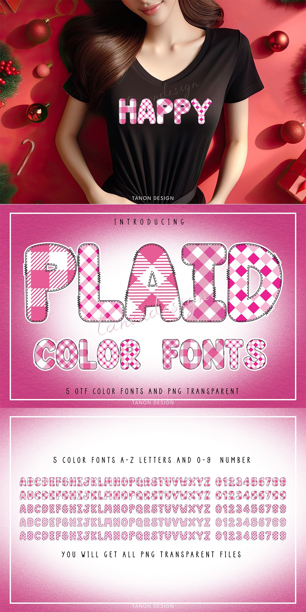 5 Pink Plaid Color Font with PNG, Alphabets lettering number