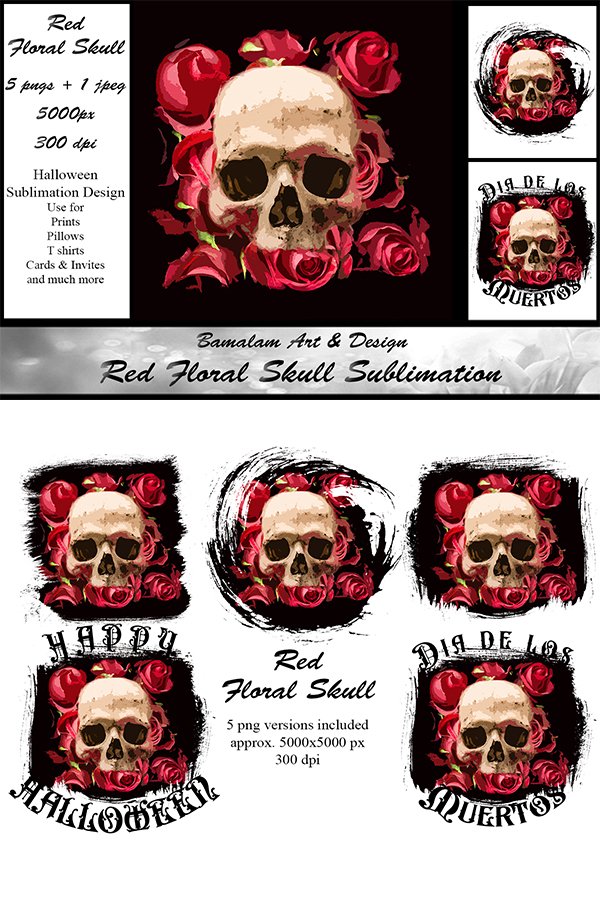 Red Floral Skull Sublimation Clipart